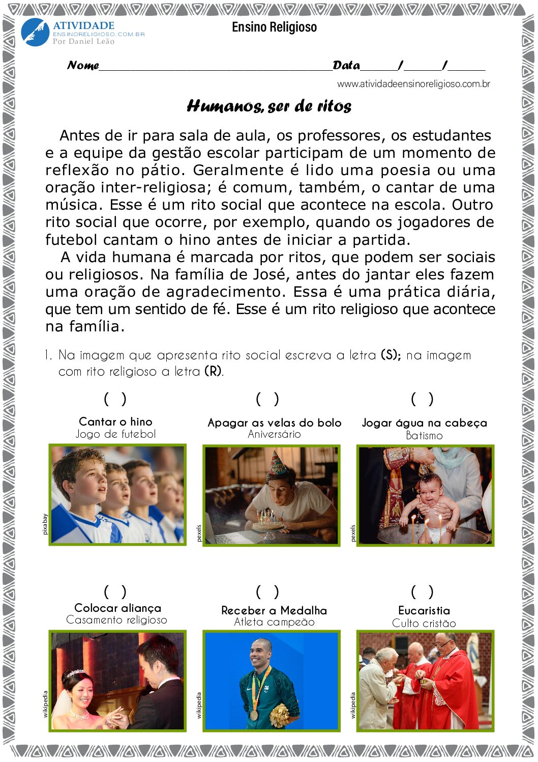 Humano, ser de ritos - Atividade de Ensino Religioso