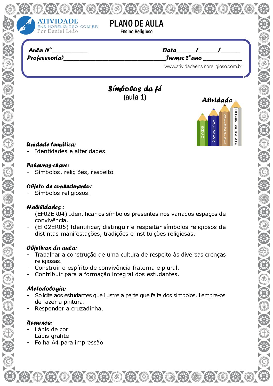 Símbolos da fé (Aula I) - Atividade de Ensino Religioso